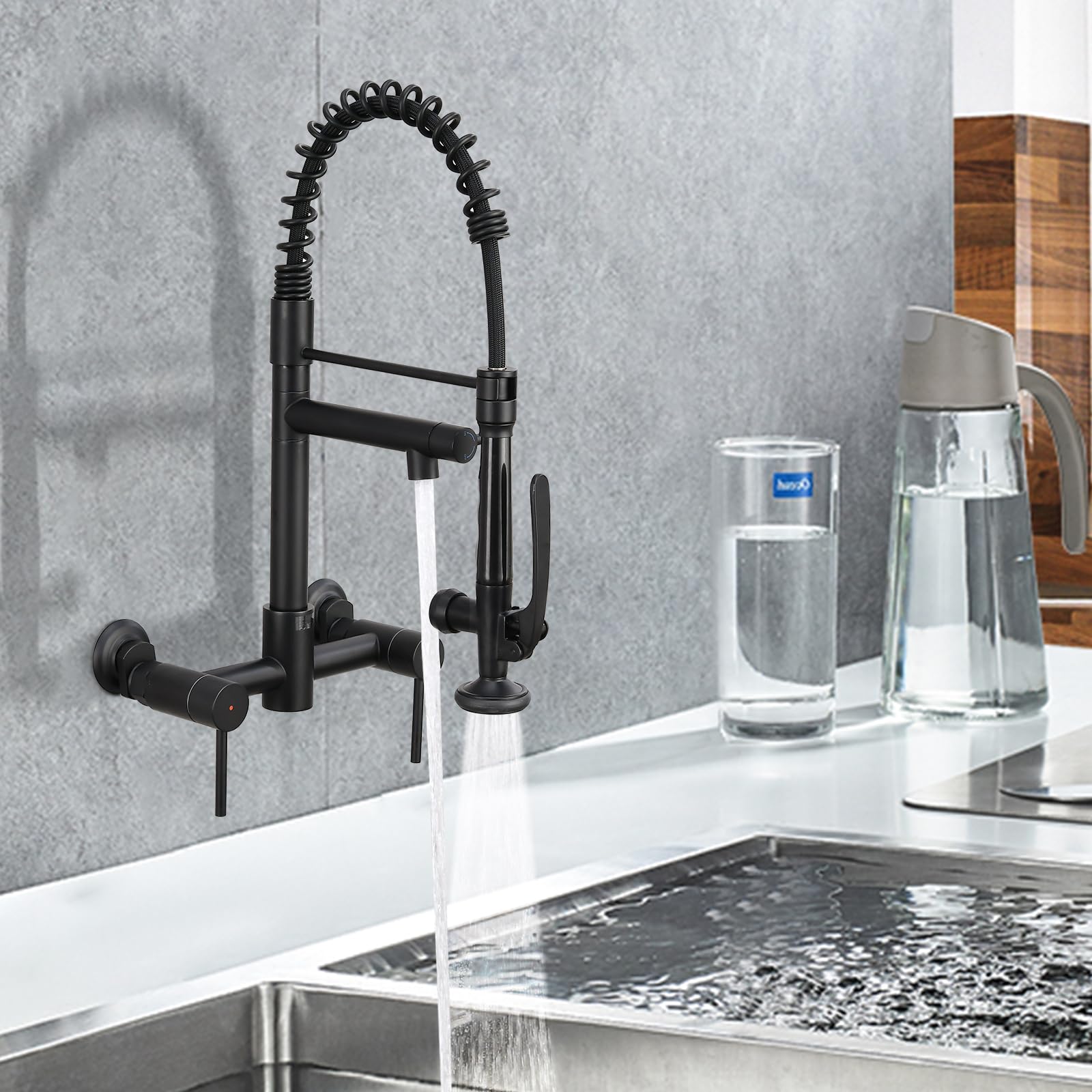 DEMIINUS Wall Mount Kitchen Faucet with Pull Down Sprayer, 8 Inch ...