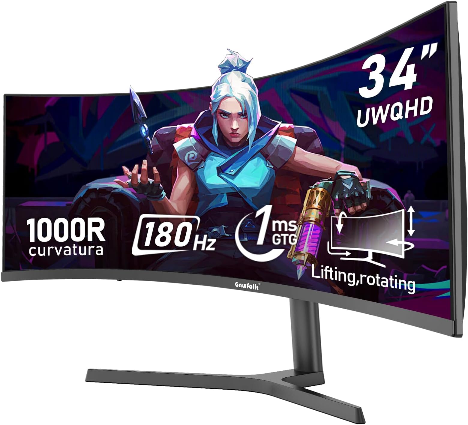 Gawfolk 34 Inch Ultrawide Curved 180Hz Gaming Computer Monitor 1000R PC screen 21:9 UWQHD ...