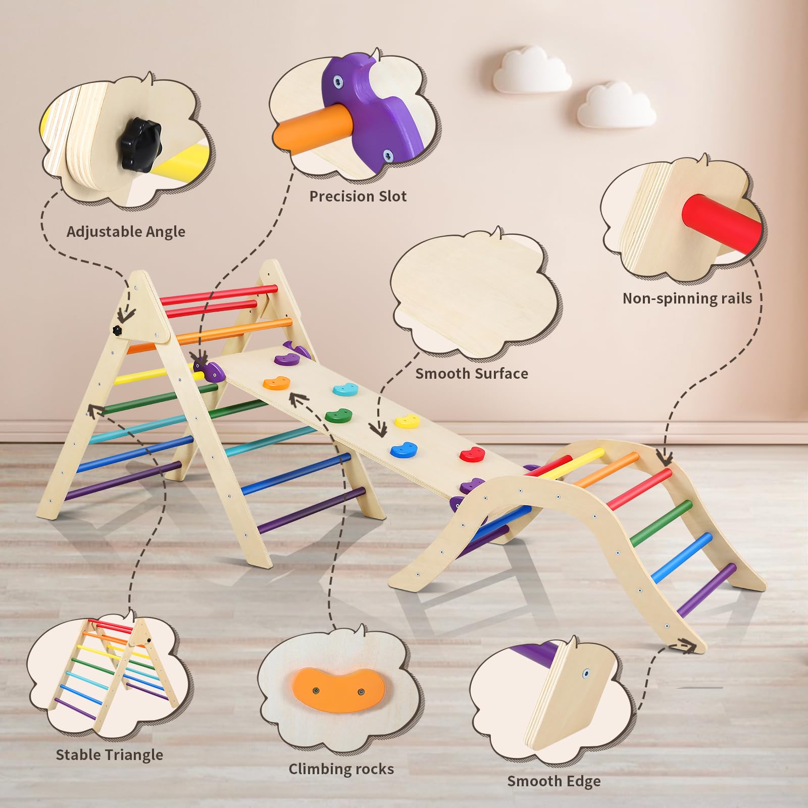 Foldable 6 in 1 Pikler Triangle Set, Indoor Wooden Montessori Climbing ...