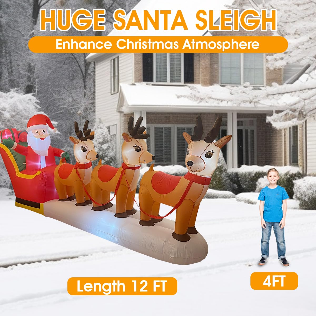 Aotiooy 12 FT Santa Sleigh with Reindeer Christmas Inflatables Outdoor ...