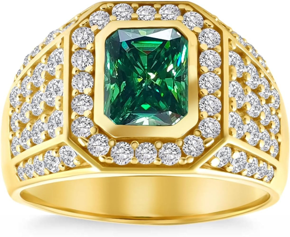 PYTALI 1CT Emerald Ring for Men 10K/ 14K/ 18K Solid Real Yellow Gold ...