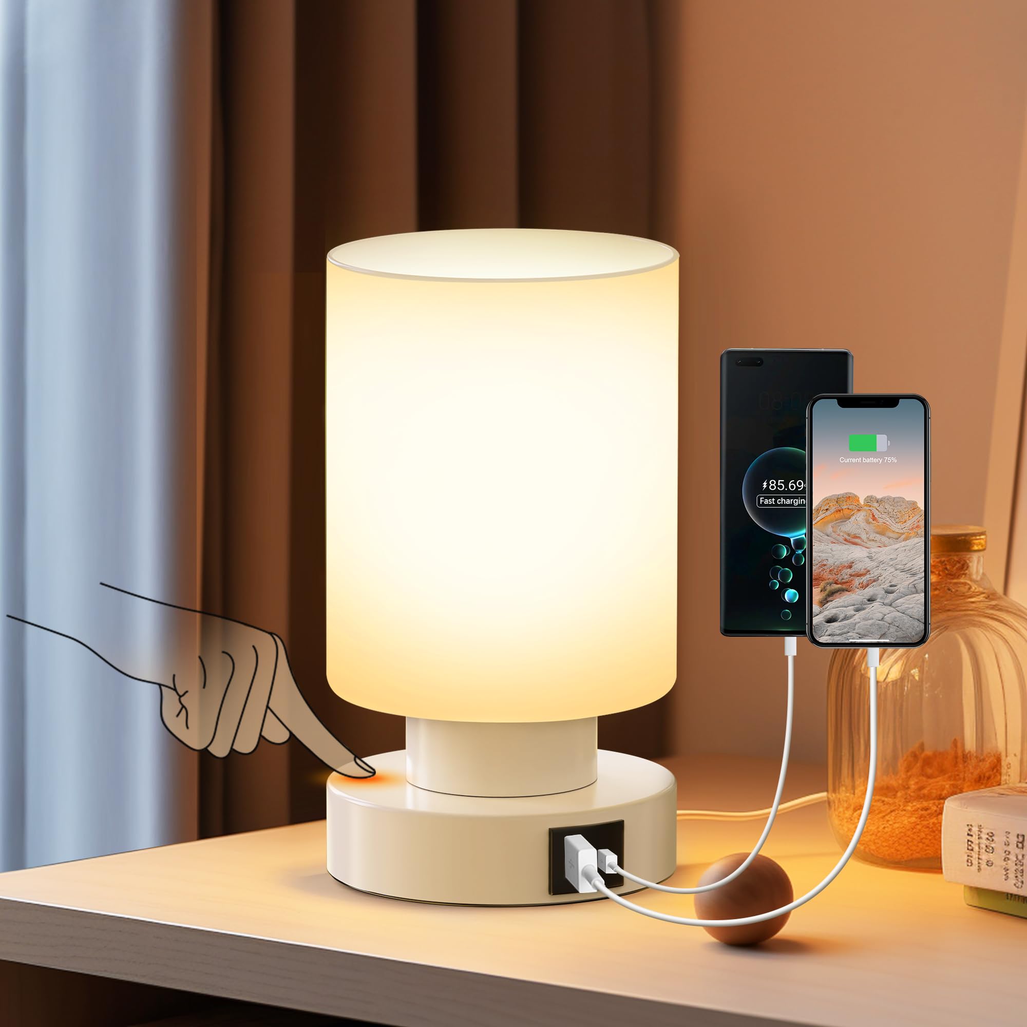 WIHTU Small Bedside Lamp with USB C+A Charging Port, Plug in LED Touch ...