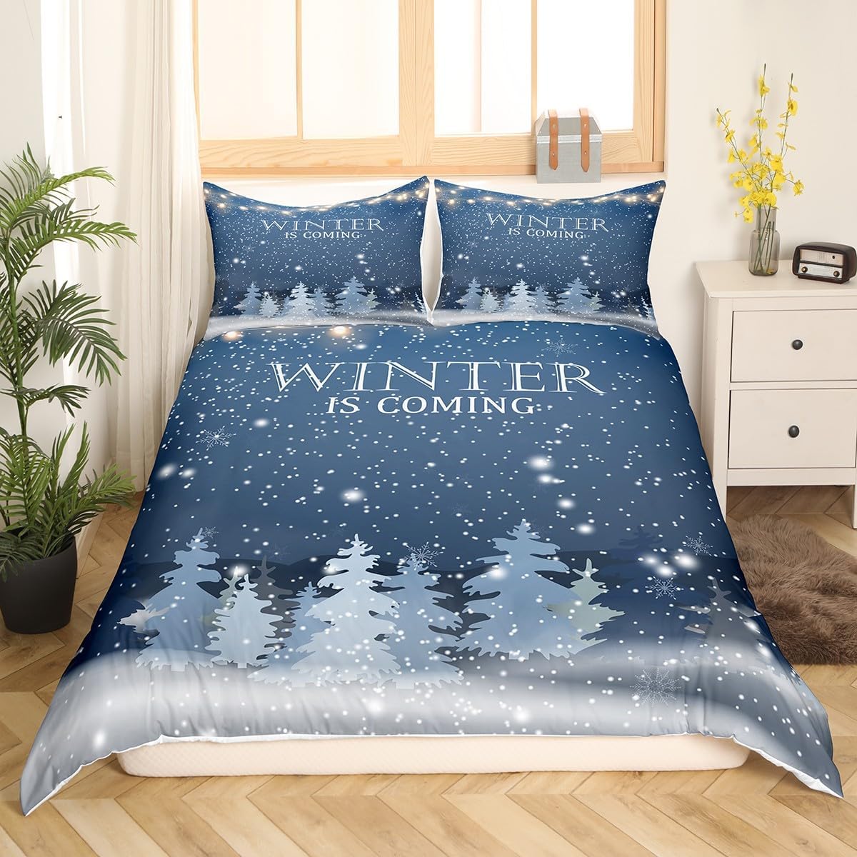 Amazon.com: Winter Season Duvet Cover Full, Snowflakes Bedding Set For ...