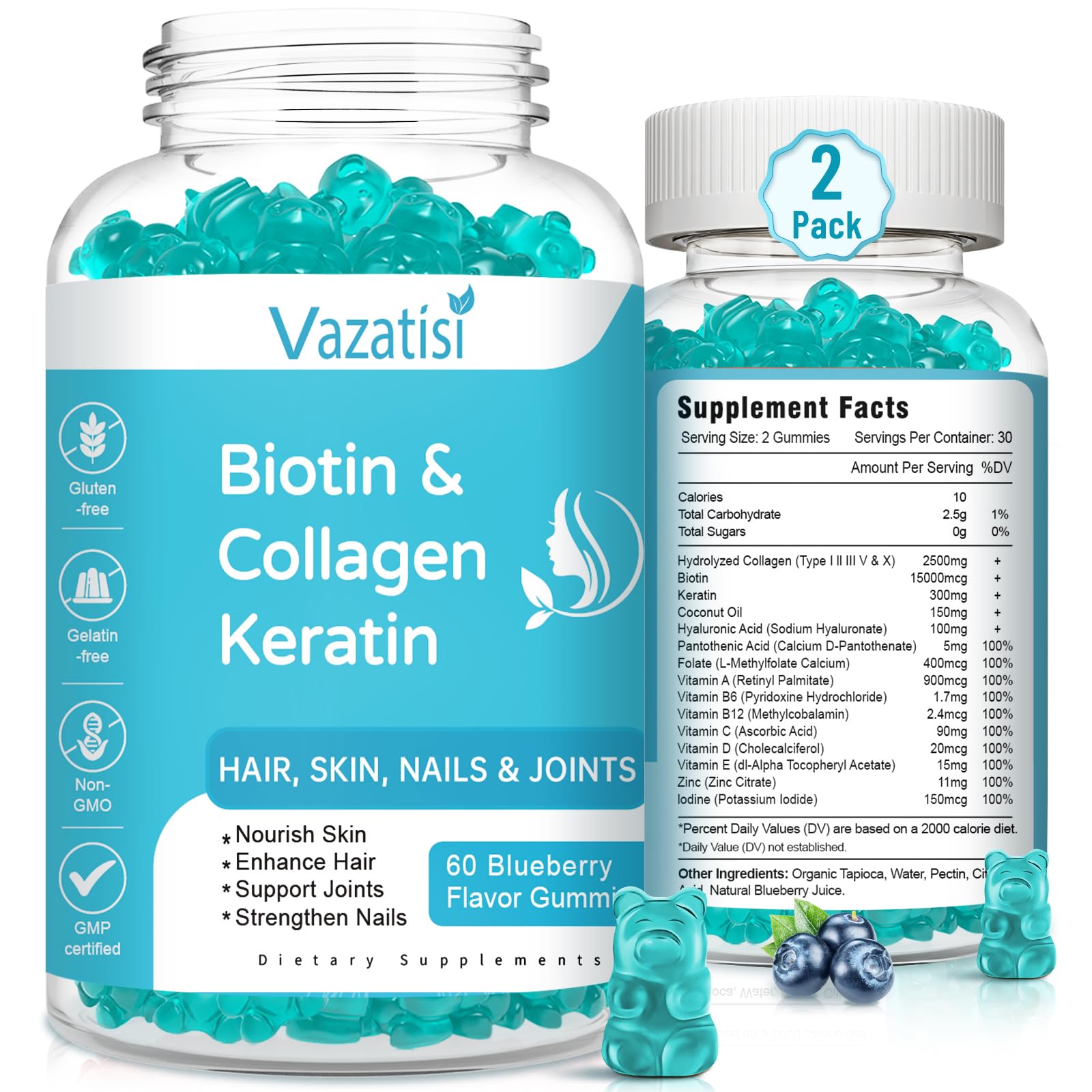 Amazon.com: 2 Pack Biotin Gummies with Collagen & Keratin for Hair Skin ...
