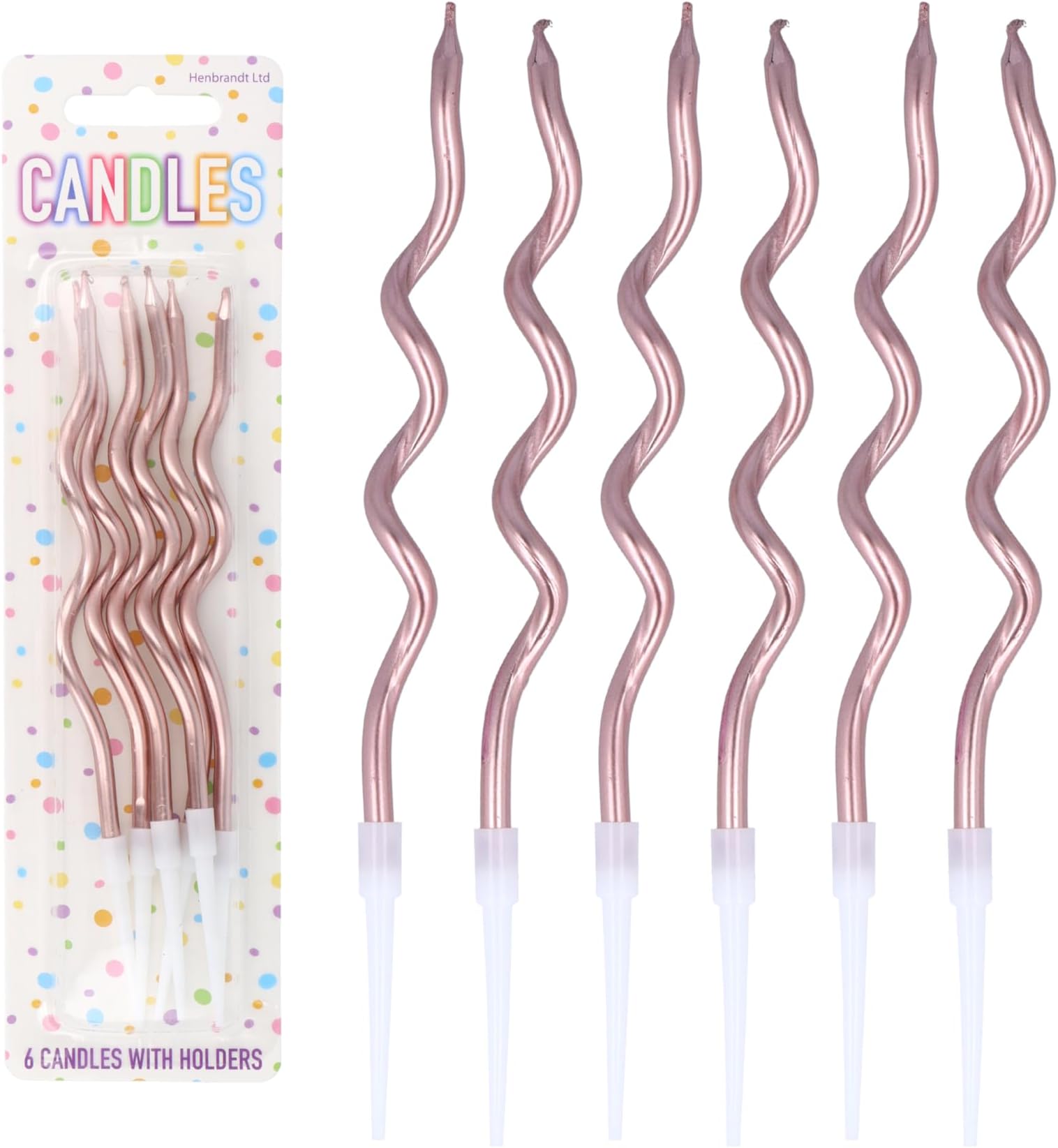 Henbrandt Pack of 6 Rose Gold Wavy Party Candles with Candle Holders ...