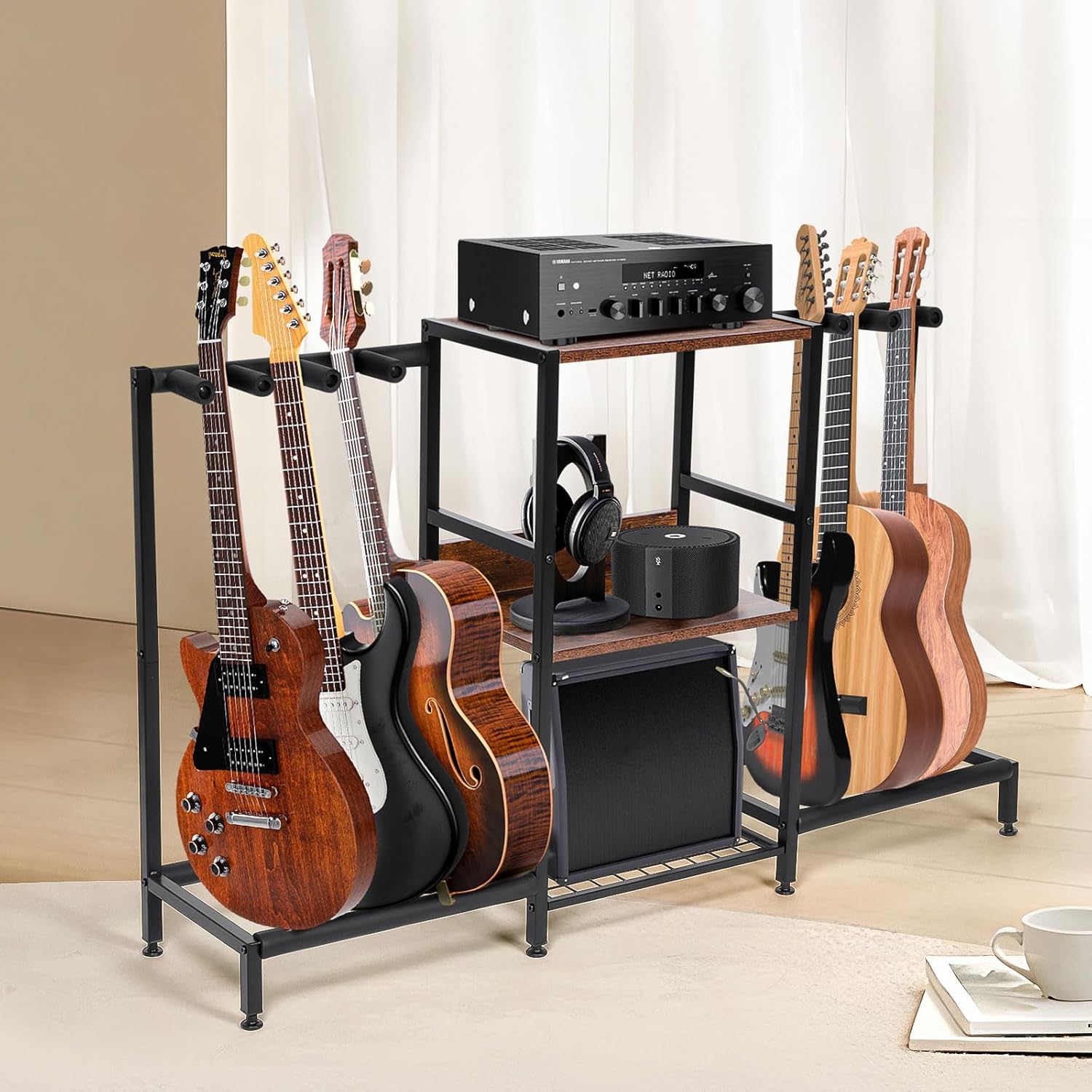 Amazon.com: mopam Guitars Holder with 3-tier Storage Shelf Guitar Stand ...