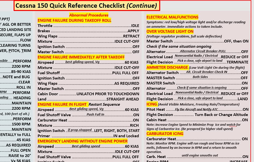 Snapklik.com : FTS Cessna 150 Extended Quick Reference Checklist