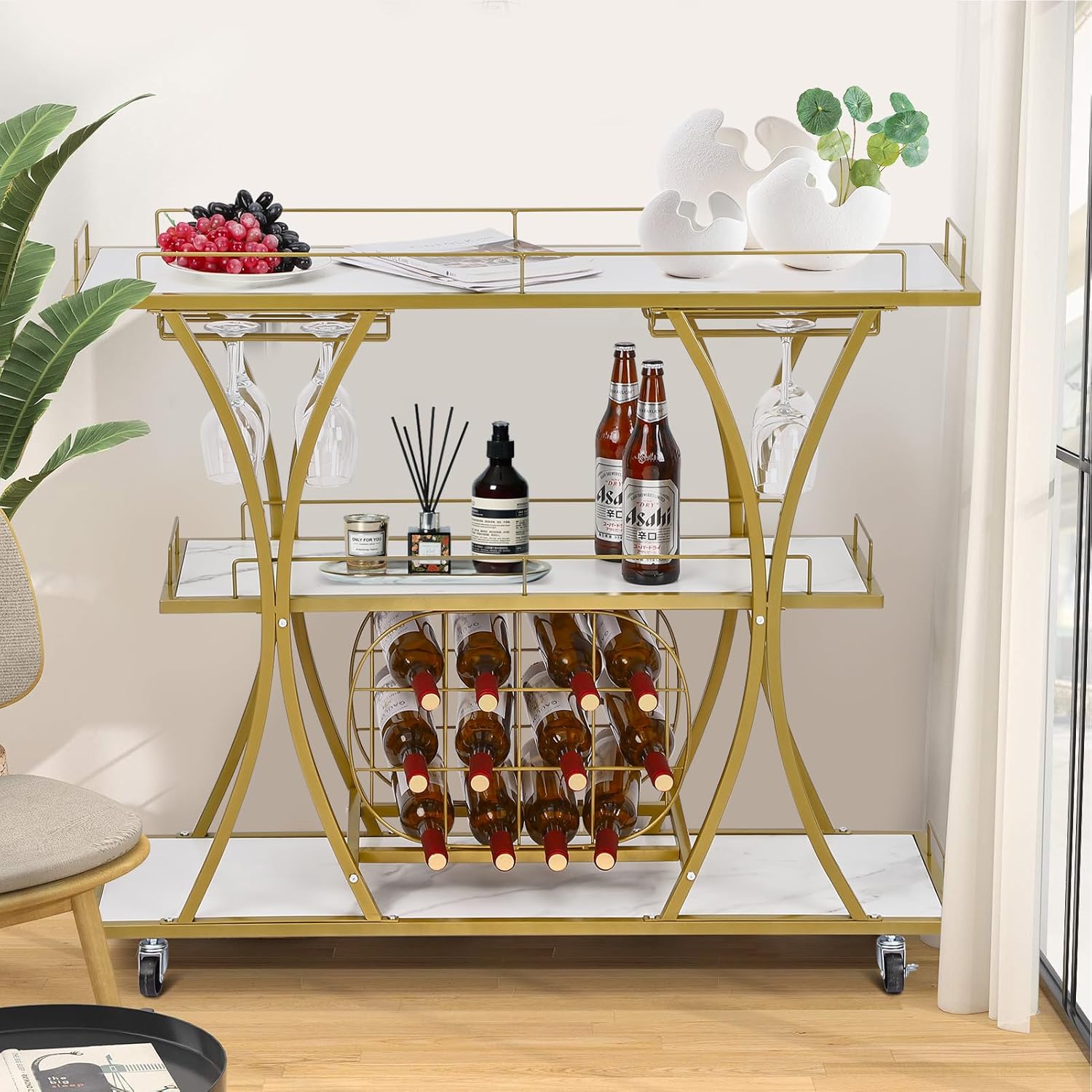 Amazon.com: Fashionwu Large Bar Cart, 3-Tier Bar Serving Cart with ...