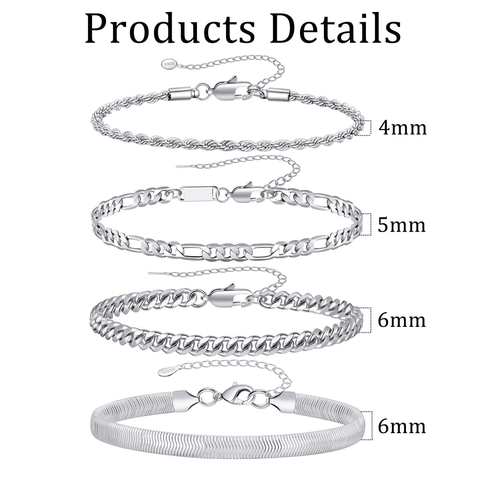 Snapklik.com : Mens Sterling Silver Bracelet - 4pcs Set Cuban Link Box ...