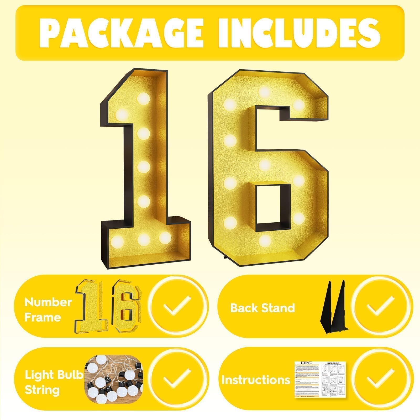 Snapklik.com : 4FT Marquee Light Up 16 Numbers, Glitter Gold Giant ...