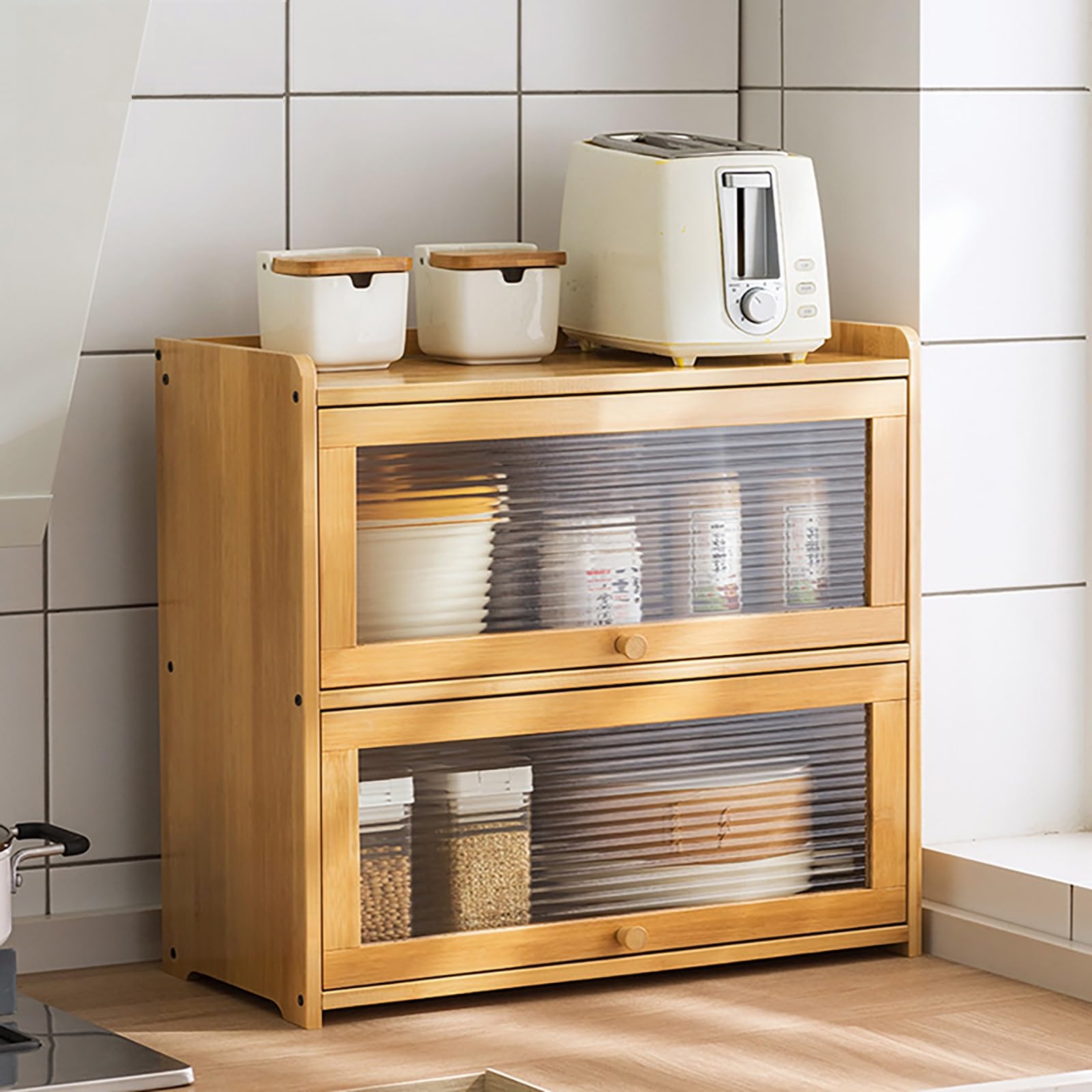 Amazon.com: TrueyEssence 2-Tier Bamboo Kitchen Pantry Storage Cabinet ...