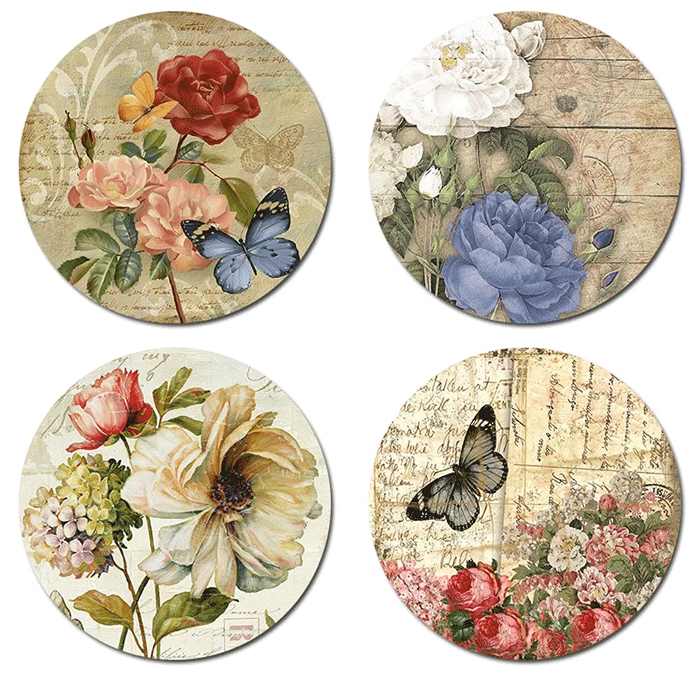 Amazon.com: Vintage Watercolor Flowers Round Coaster Set of Drink- Made ...