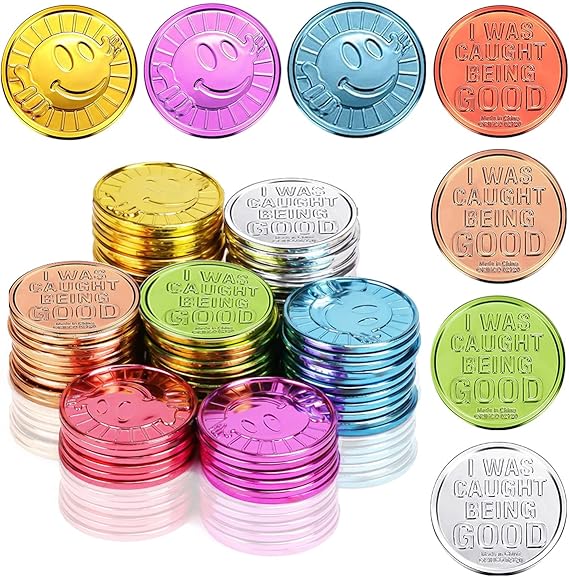 Amazon.com: 100 Pieces Smile Face Glod Coins, Colorful Plastic Reward ...