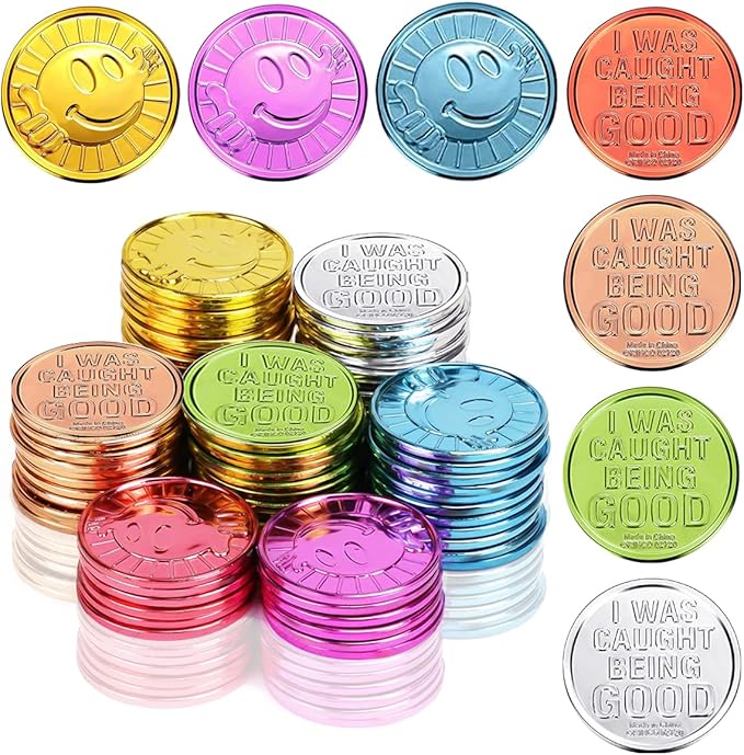 Amazon.com: 100 Pieces Smile Face Glod Coins, Colorful Plastic Reward ...