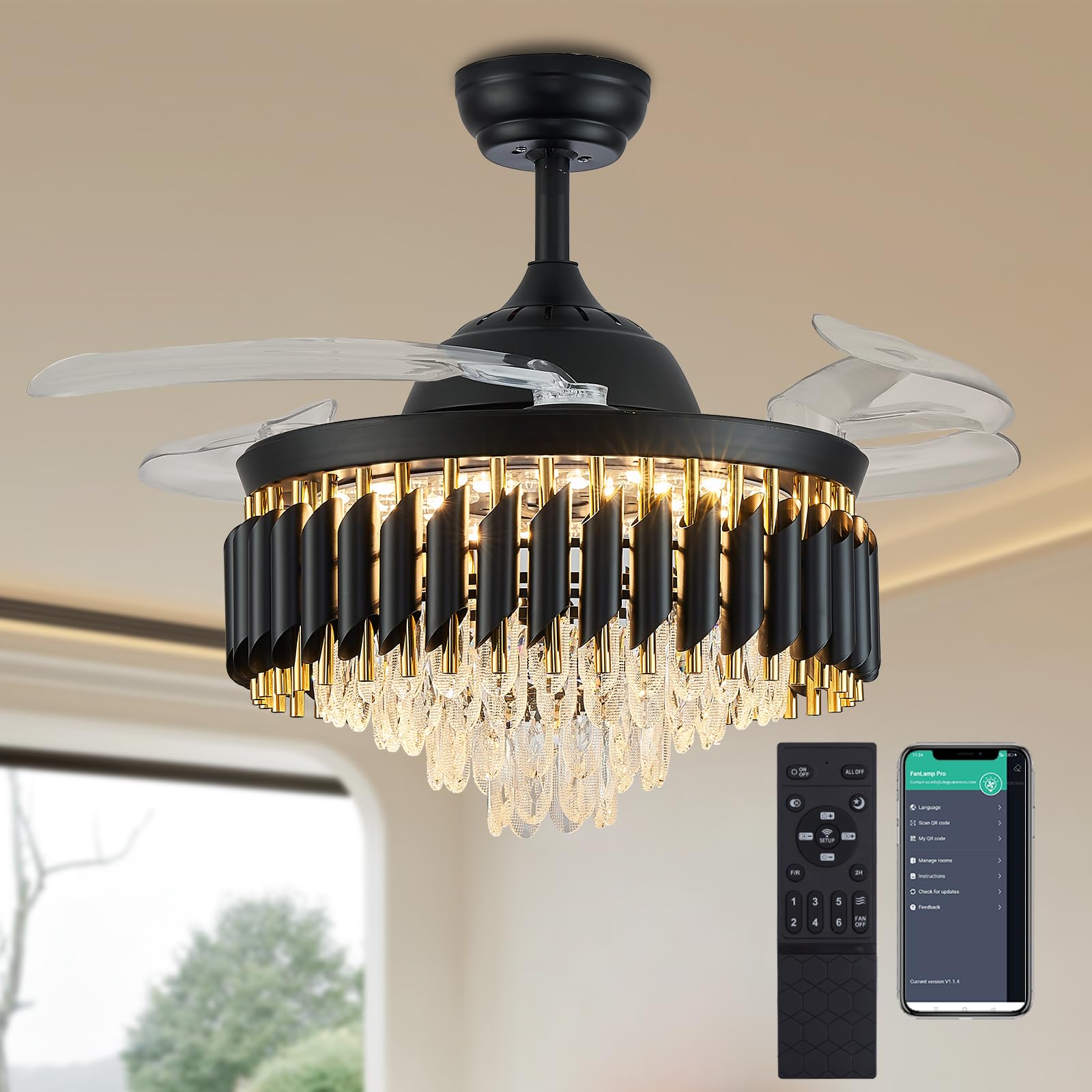 42" Dimmable Fandelier Crystal LED Ceiling Fans with Lights and Remote ...
