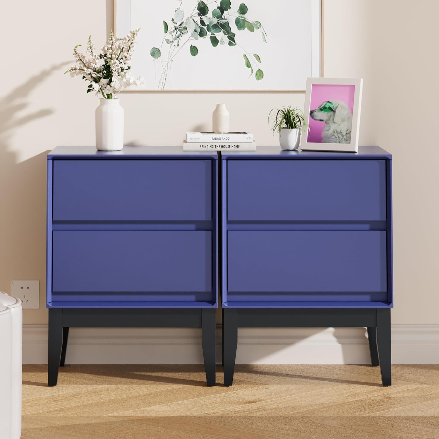 Amazon.com: ONG Navy Bedside Table with 2 Drawers, 2 Drawer Dresser for ...