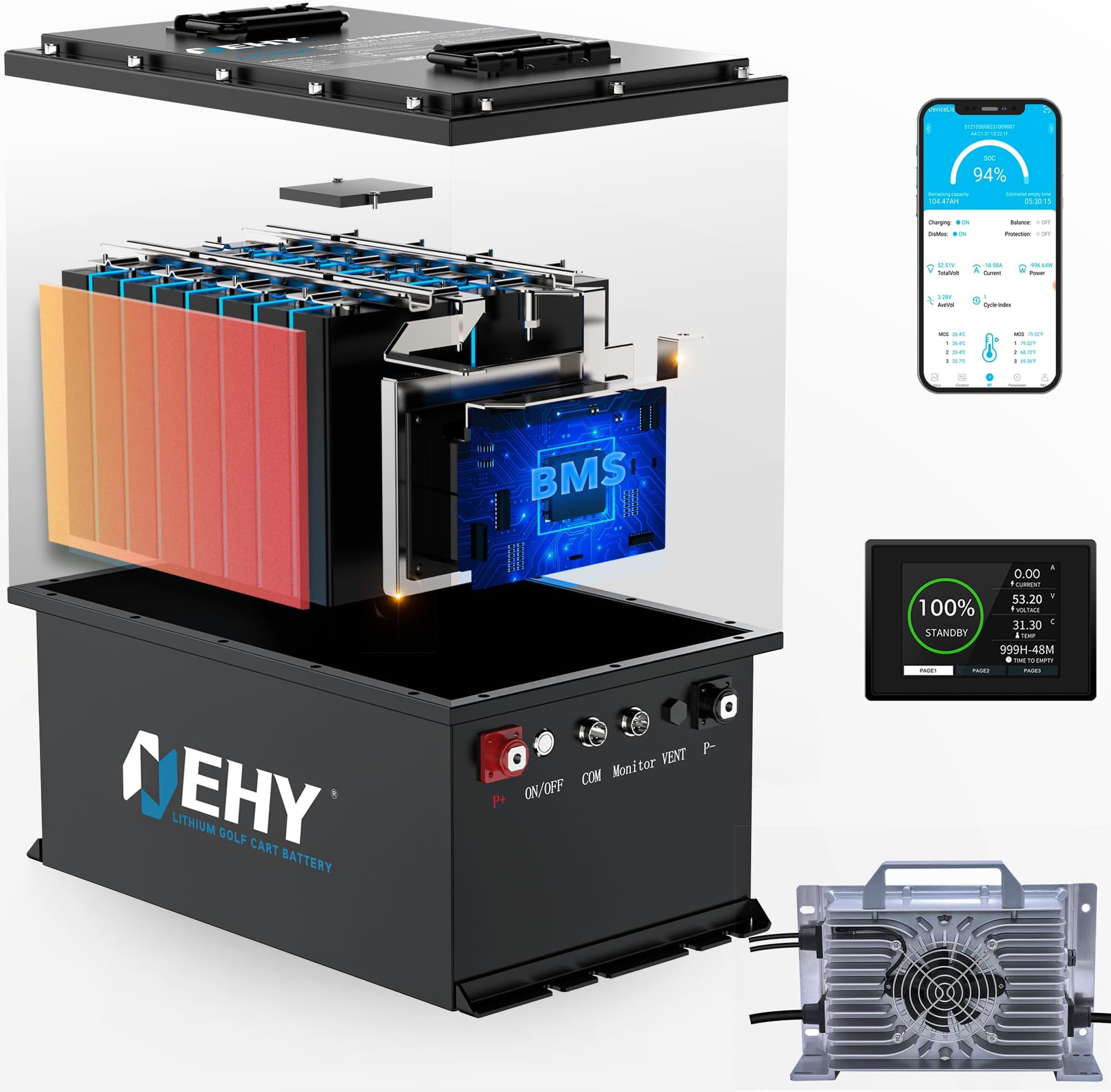 Amazon.com: EHY 48V 100Ah Lithium Golf Cart Battery With 200A BMS ...