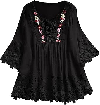 Women's Lace Up Bohemian Style Linen Blouses Tops Boho Loose Fitting ...