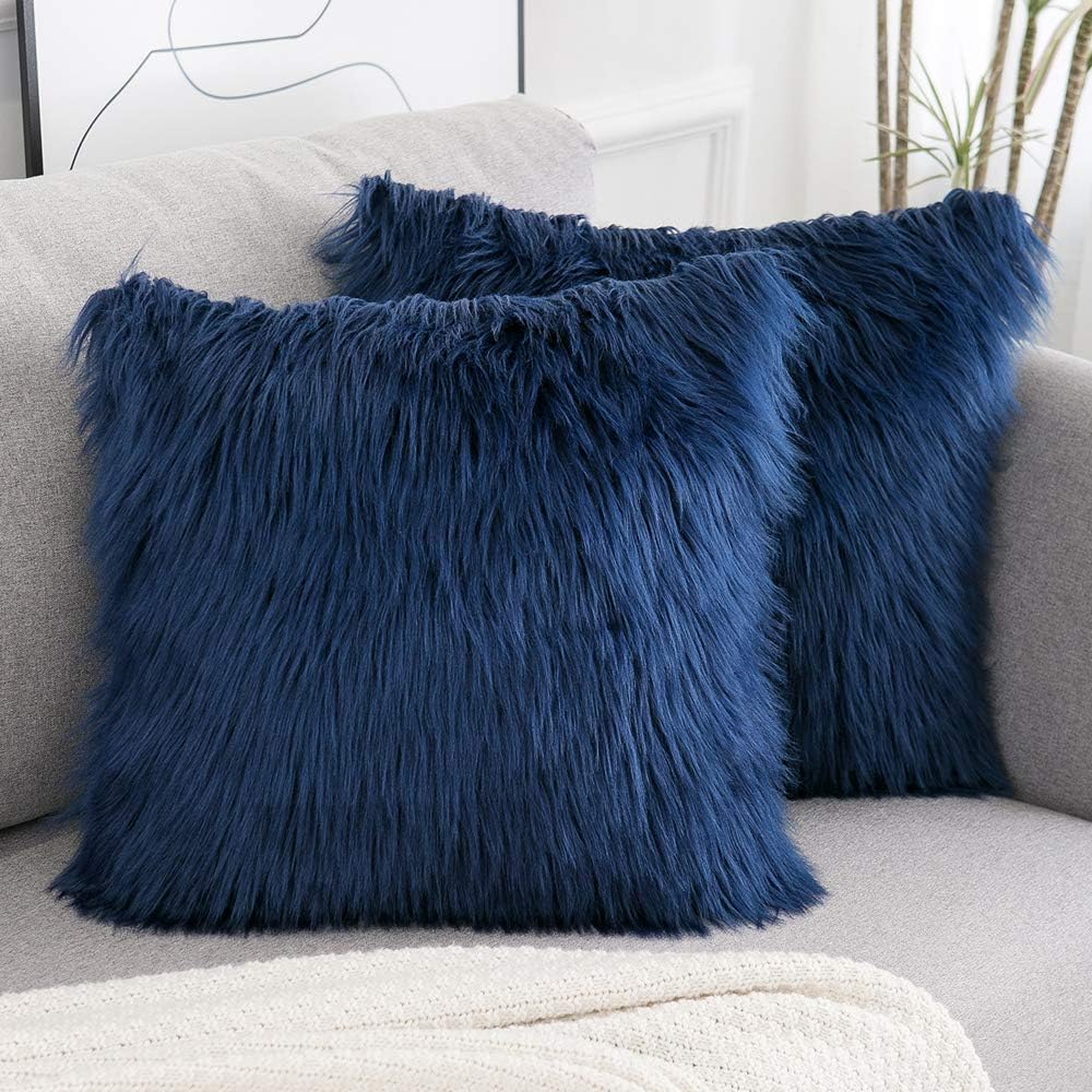 WLNUI Decorative Navy Blue Fluffy Pillow Covers New Luxury Series ...