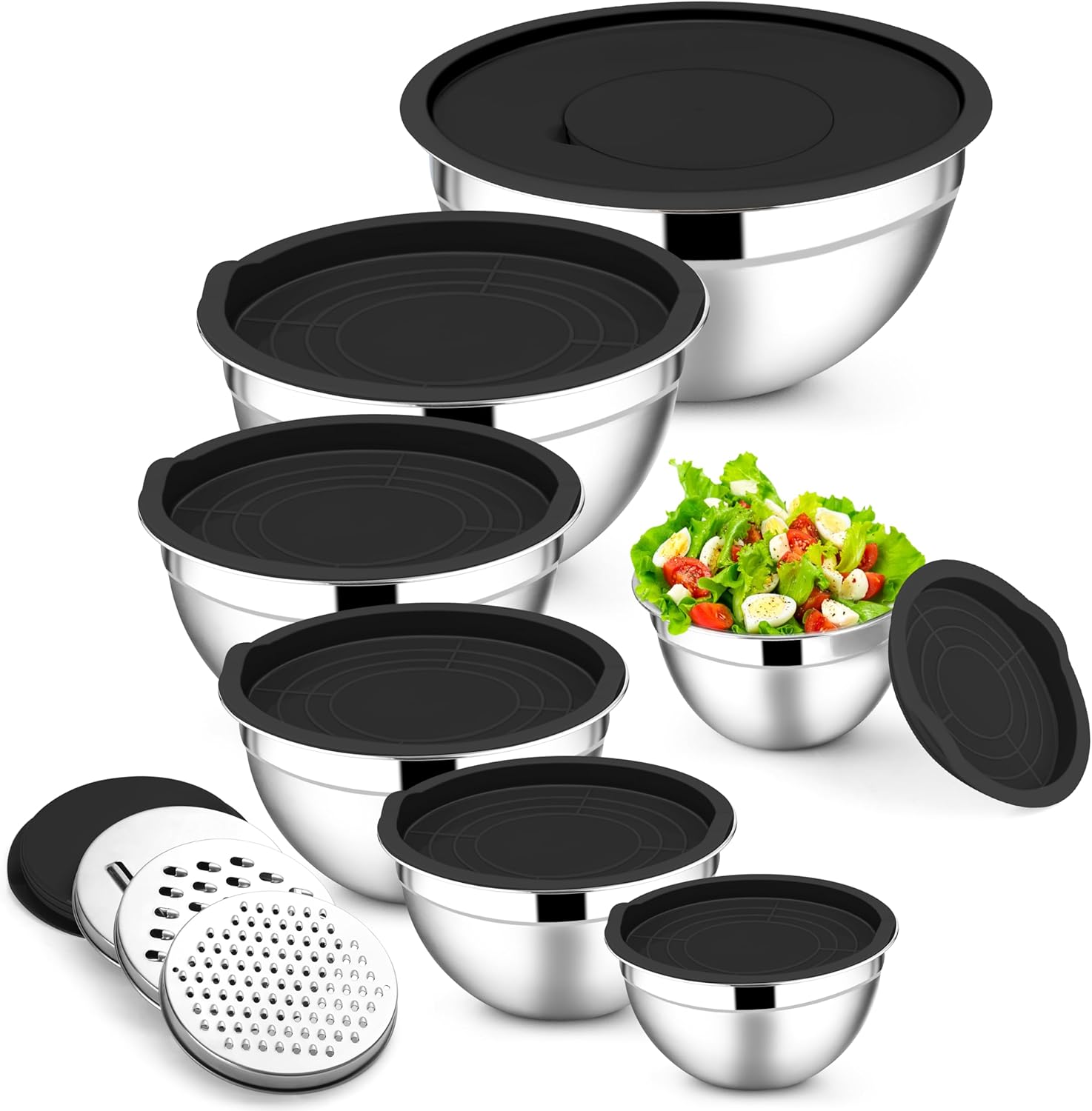 E-far Mixing Bowls with Lids Set, 7-Piece Stainless Steel Metal Mixing ...