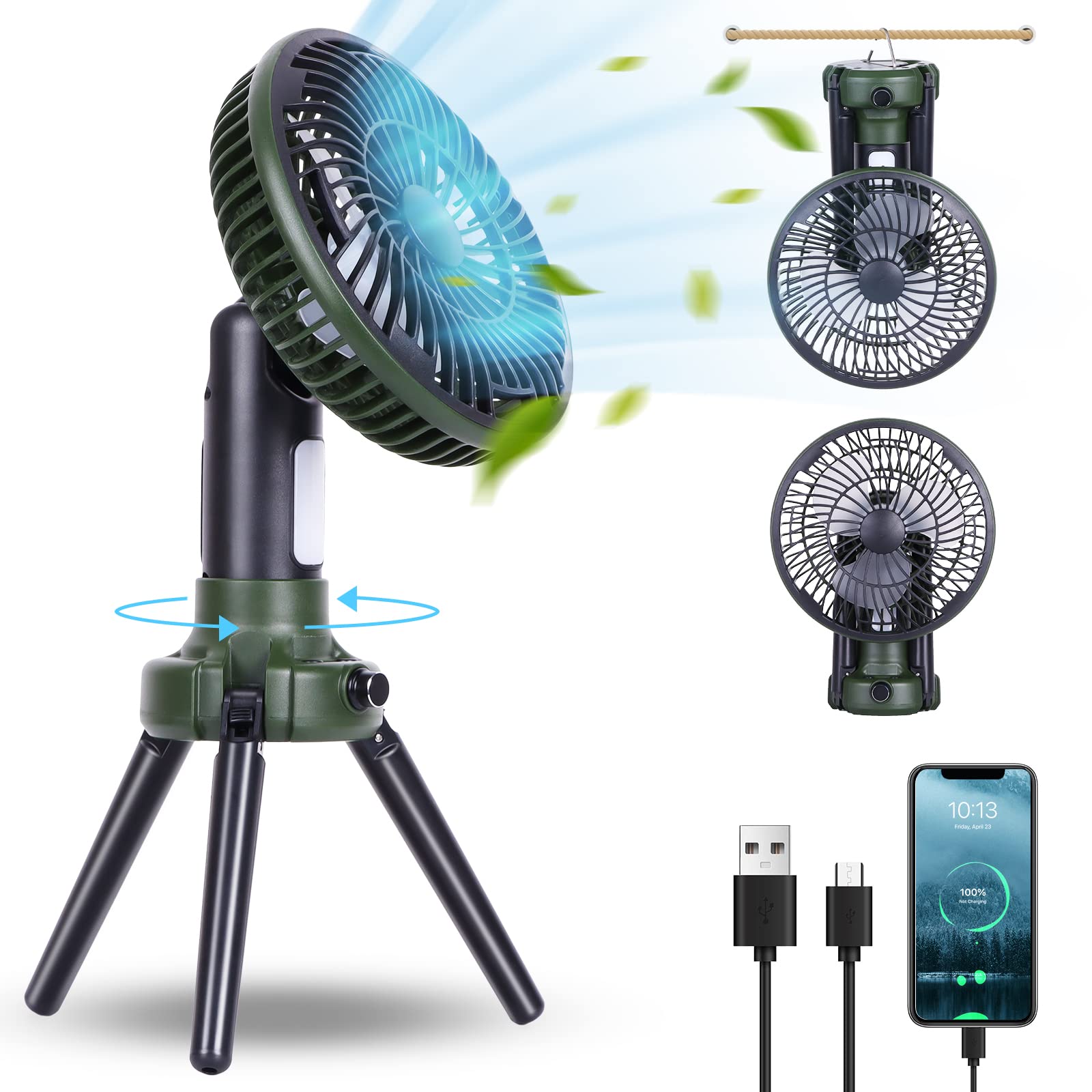 RUNTOP Camping Fan with LED Lantern, 8 Inch 270° Oscillating Desk Fan ...