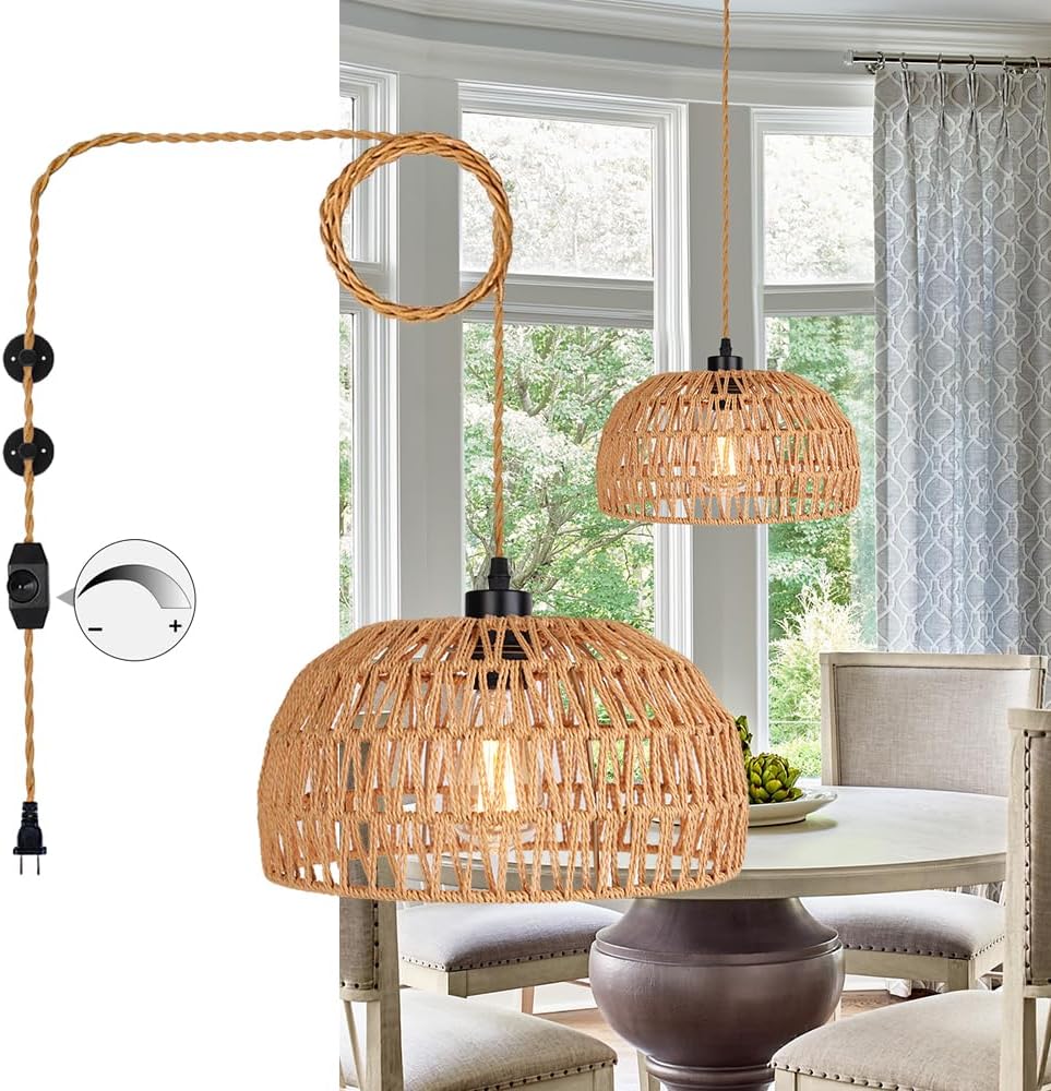MASIVEL Rattan Plug in Pendant Light, Boho Plug in Hanging Lamp, Basket ...