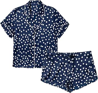 COLD POSH Women's Short Sleeve Pajamas Set: Button Down Silk Blend Dot ...