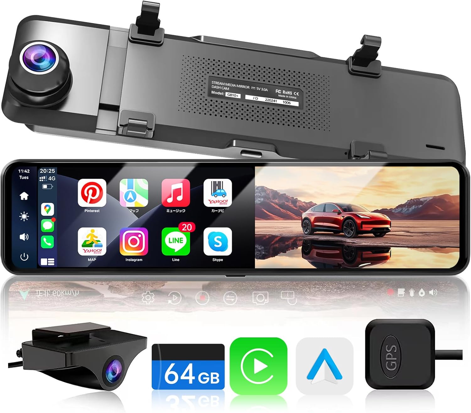 Amazon.co.jp: JADO G810sPLUS Drive Recorder, Mirror Type, CarPlay and ...