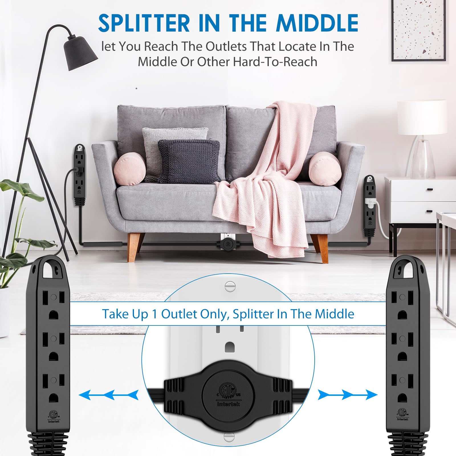 Snapklik.com : 3 Prong 12 Feet Twin Extension Cord Power Strip, 6 Feet ...