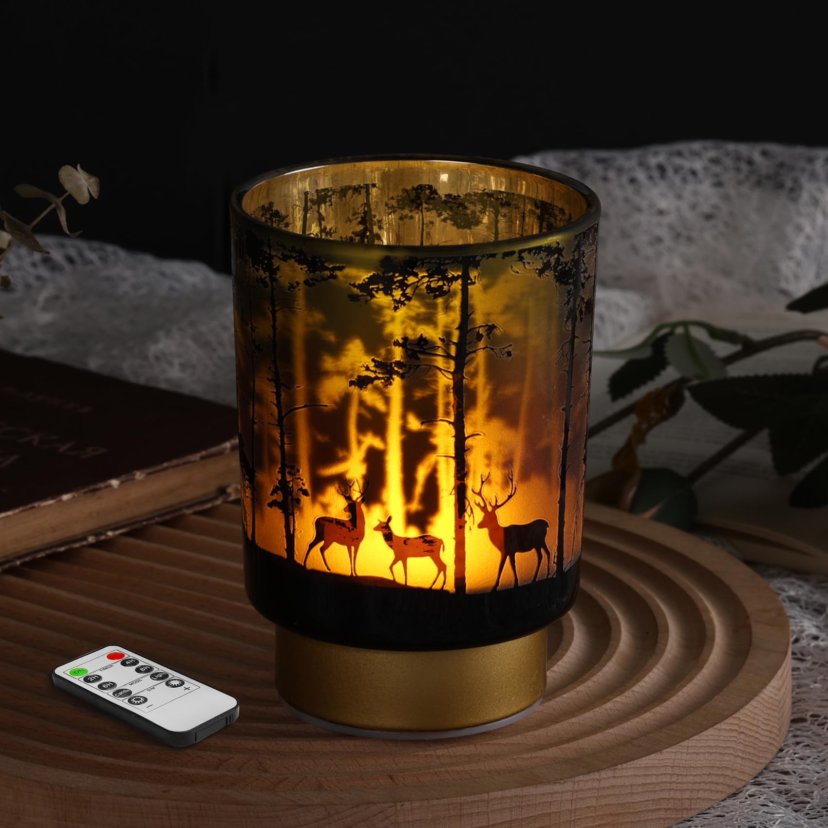 Eywamage Small Battery Operated Table Lamp with Remote, Forest Deer ...