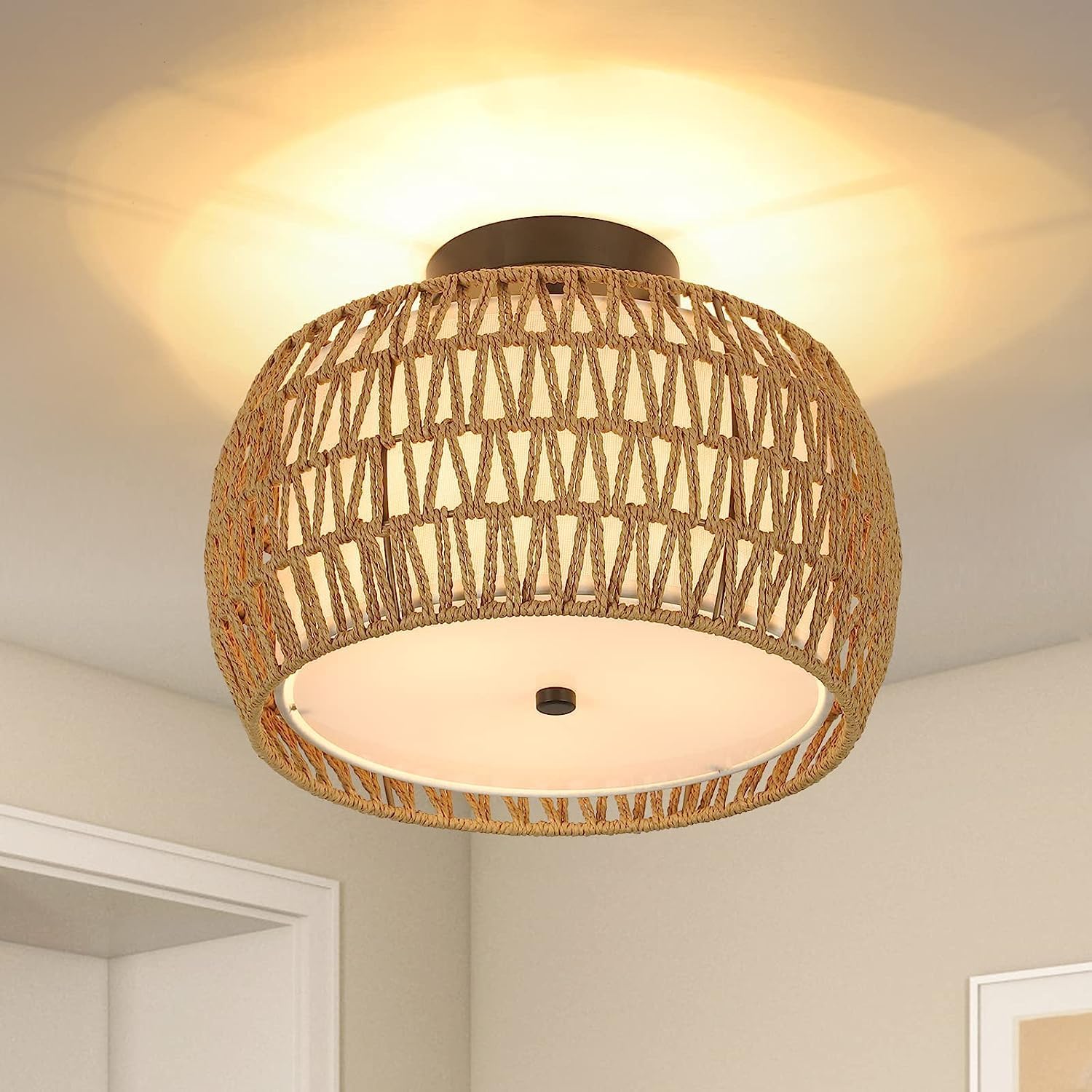 Rayofly Rattan Deckenlampe Hängend, 3-Light Boho Deckenleuchte mit ...