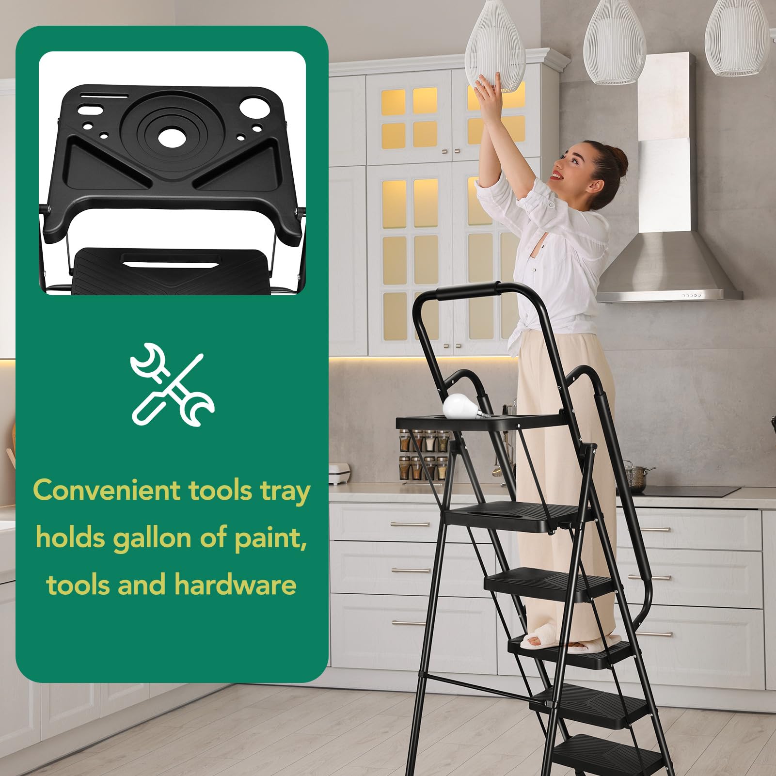 Delxo 5 Step Ladder with Tool Platform,5 Step Stool Folding Step Ladder ...