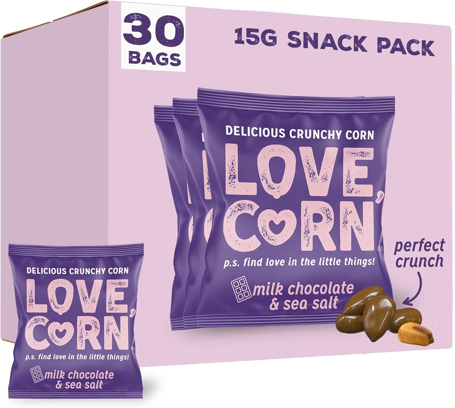 LOVE CORN Milk Chocolate & Sea Salt Crunchy Corn Snack 15g x 30 Bags ...