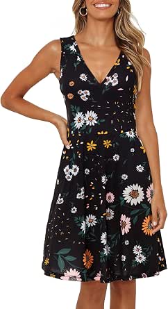 HUHOT Womens Sleeveless V Neck Dress with Pocket Summer Beach Midi ...