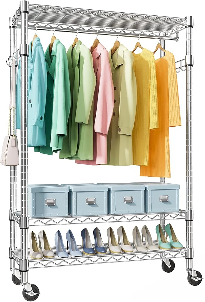 M MZG Heavy Duty Rolling Garment Rack 3 Tiers Adjustable Wire Shelving ...