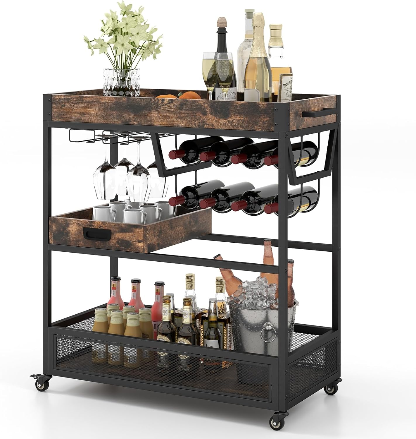 Giantex Rolling Bar Cart, 3-Tier Industrial Buffet Serving Cart with ...
