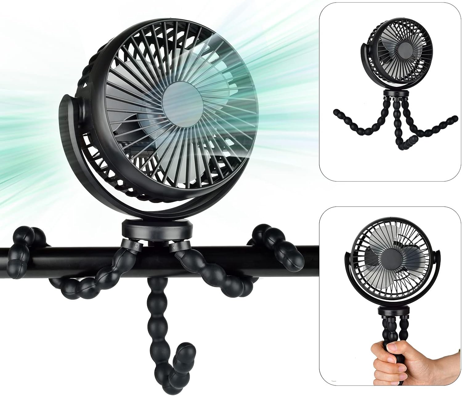 Portable Stroller Fan, 5200mAh Battery Powered USB Rechargeable Tripod ...