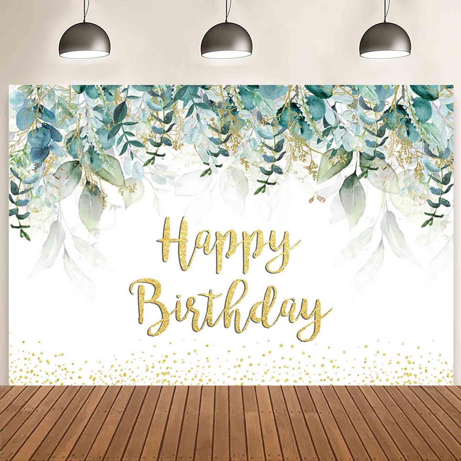 Buy AIBIIN 7x5ft Greenery Birthday Backdrop Gold and Green Eucalyptus ...