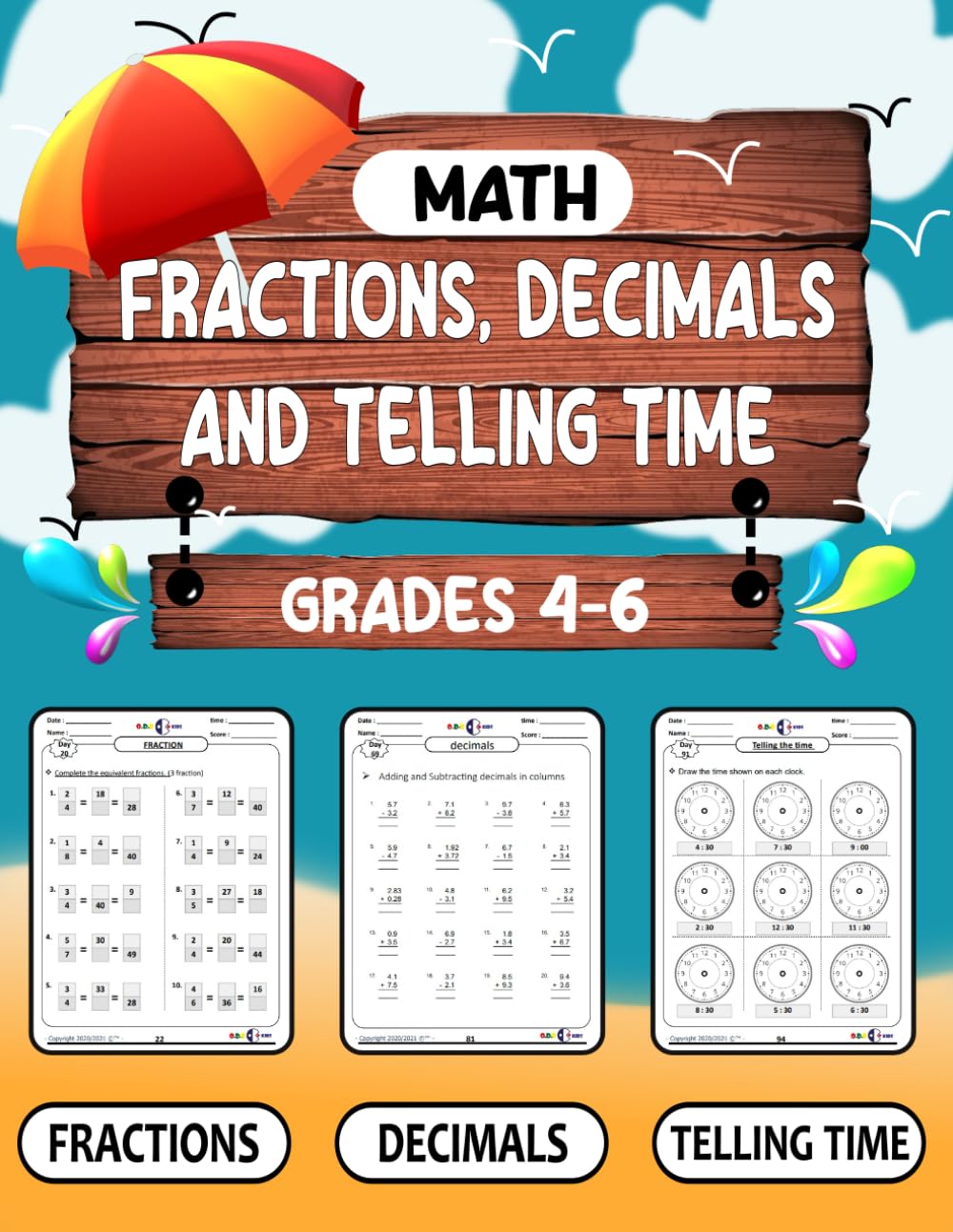 Fractions, Decimals, and telling time Math Workbook For Grades 4-6 ...