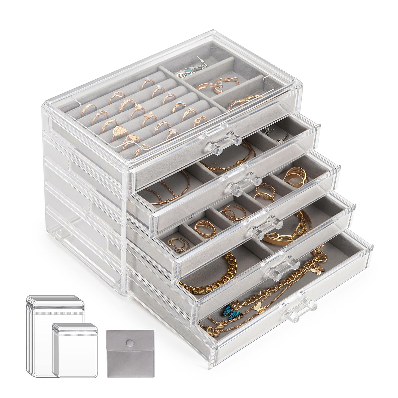 LIAN Acrylic Jewelry Organizer with 3 or 5 Drawers Clear Acrylic Velvet ...