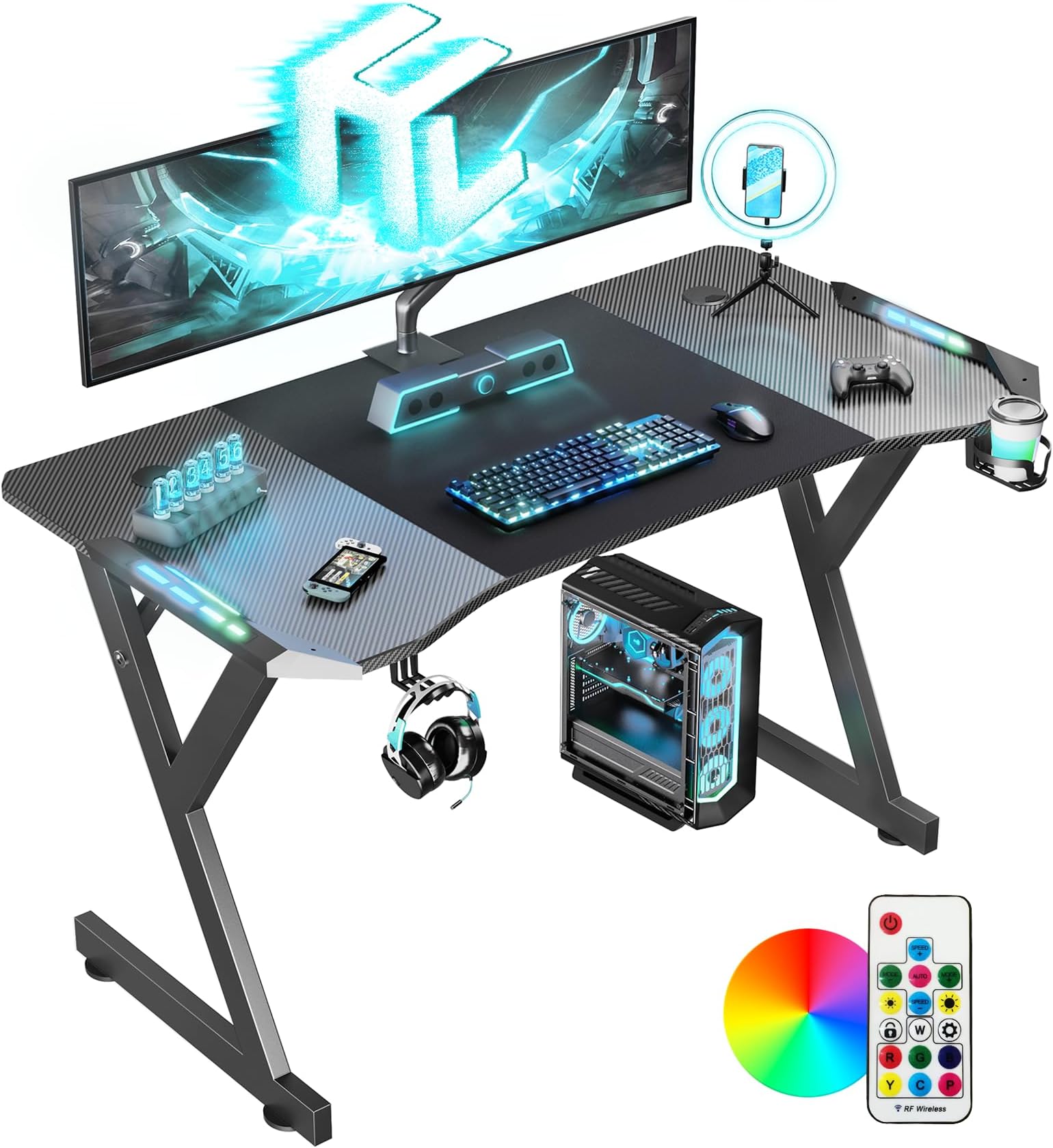 HLONONE 120 x 60 cm Gaming Tisch, Gaming Schreibtisch mit LED, PC Tisch ...
