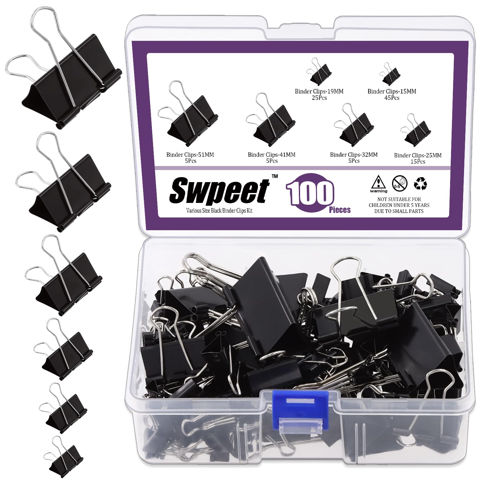 Swpeet 100Pcs Metal Black Binder Clips, Paper Clamps, Fold Back Clips ...