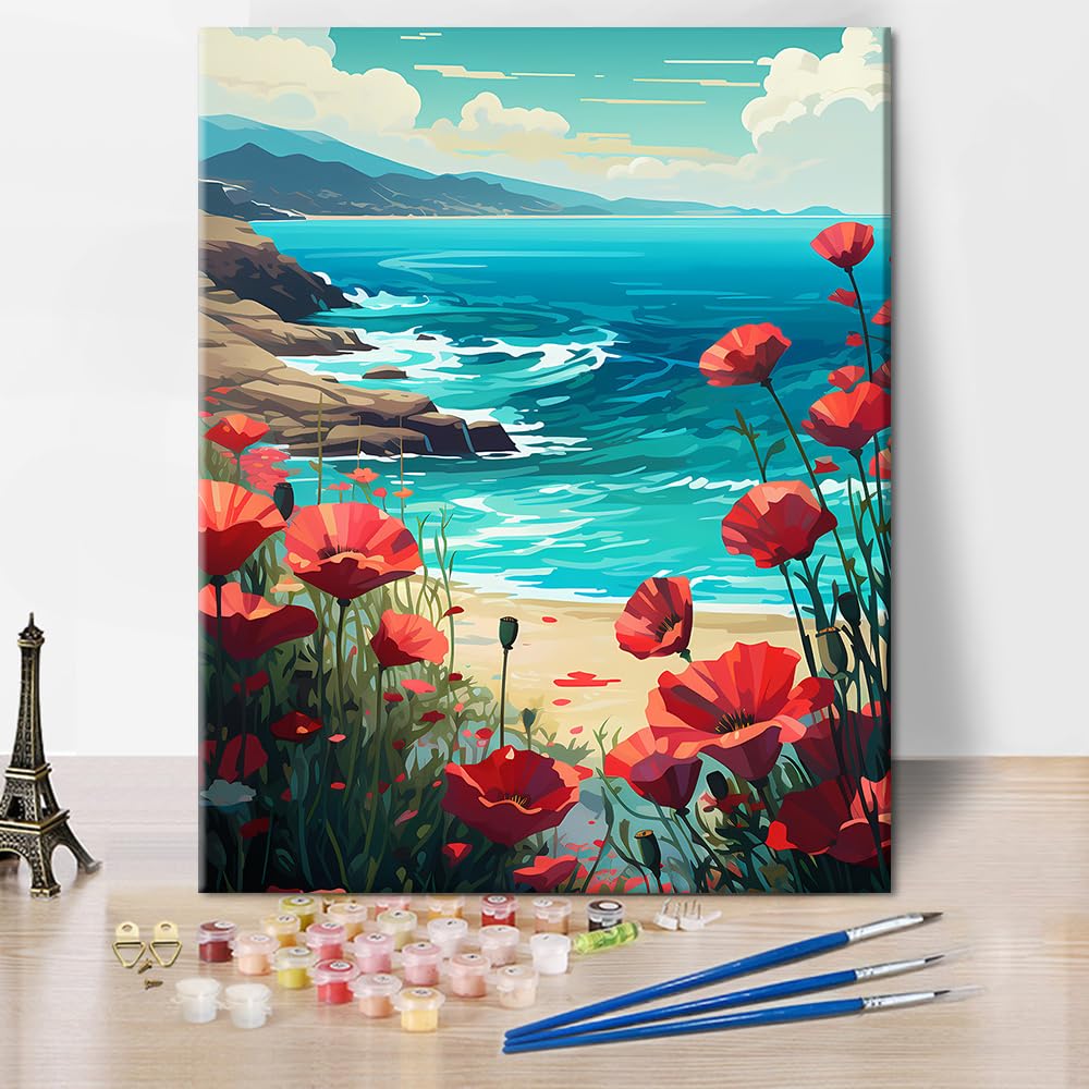 Rote Malen nach Zahlen Rote Blüten mit Pinseln und Acrylpigmenten Natur Landschaft am Meer Malen ...