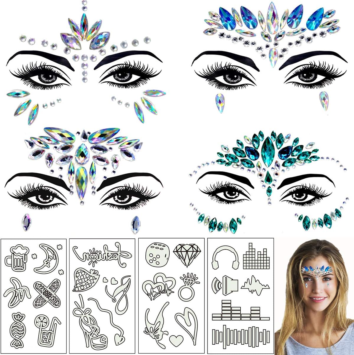 YWQ 4 Sets Face Gems,Festival Face Gems Women Face Jewels, Face Crystal ...