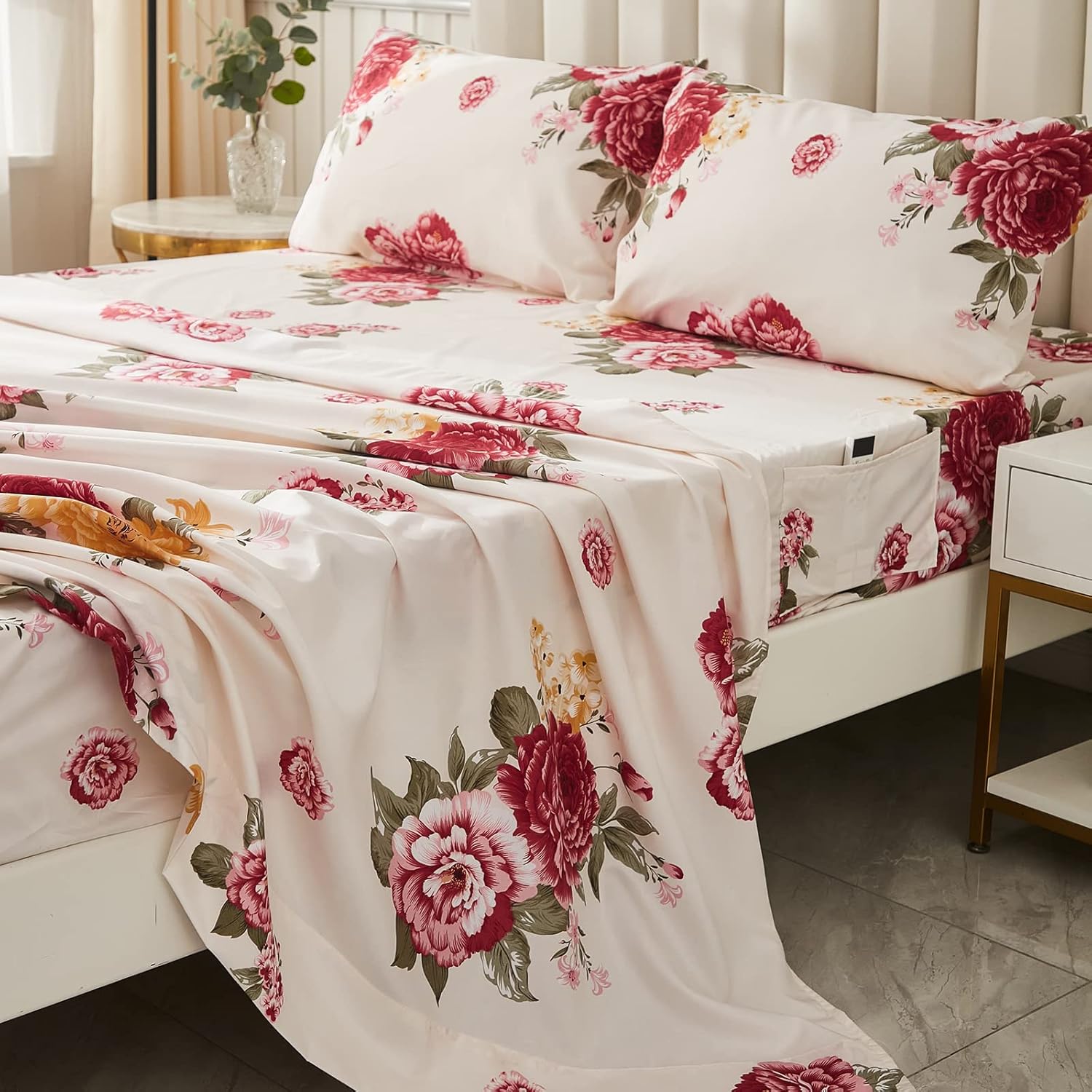 Amazon.com: Red Rose Sheet Set Queen Size, Boho Floral Bedding Sheet ...