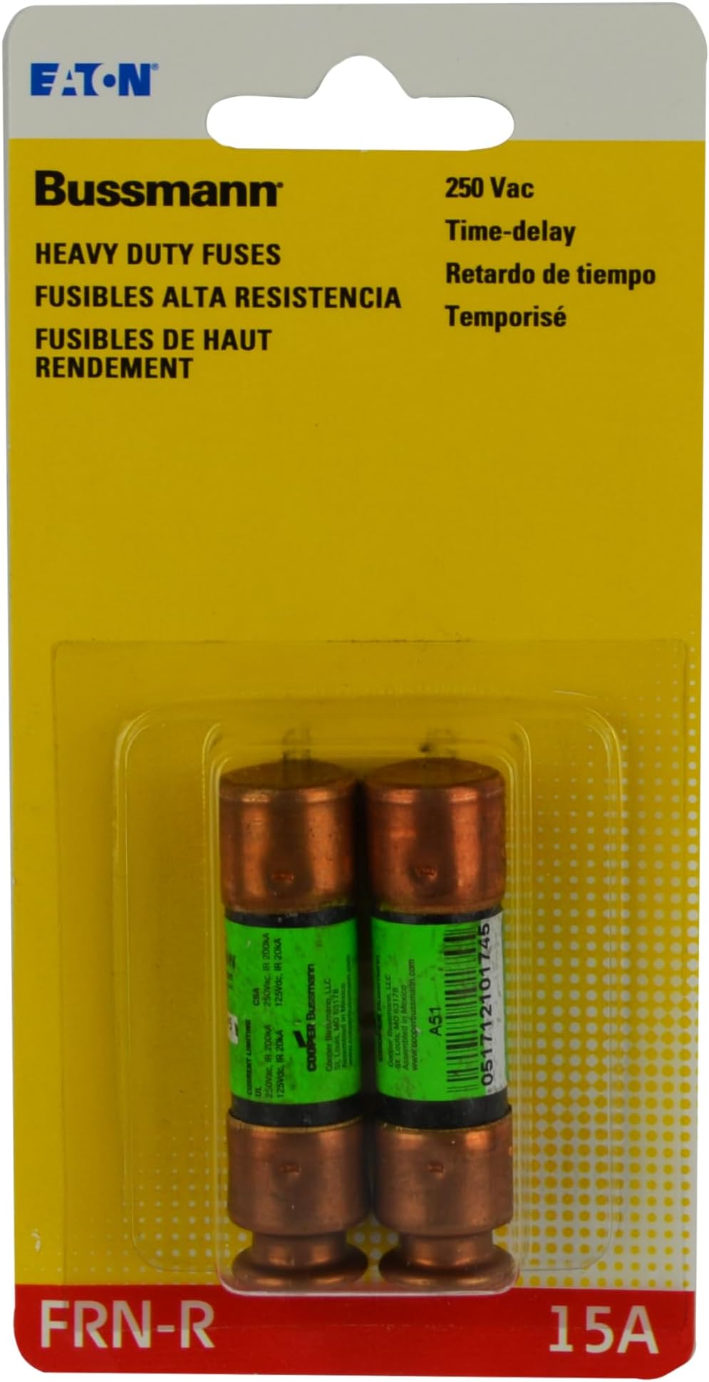 Bussmann BP/FRN-R-15 15 Amp Fusetron Dual Element Time-Delay Current Limiting Class RK5 Fuse ...