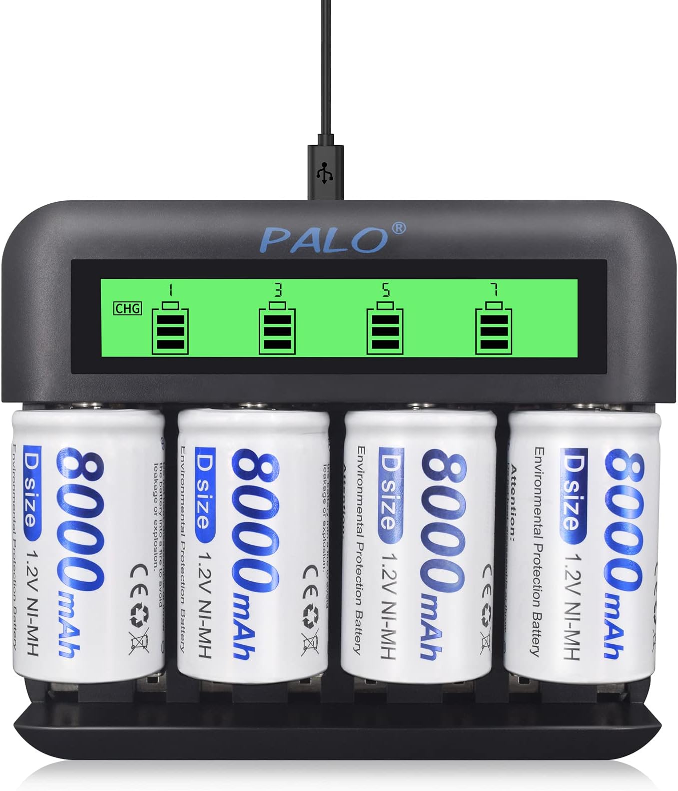 Tenberly Pilas Recargables D con Cargador Pack de 4, Cargador USB de ...