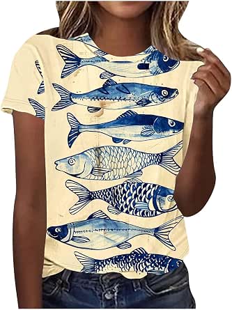 Women's Fashion T-Shirts Funny Fish Graphic Crew Neck Tees Summer ...