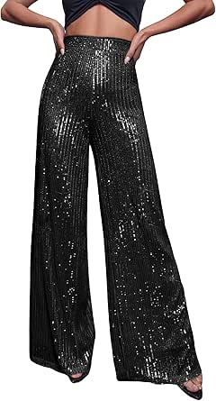MakeMeChic Women's Sequin Glitter Pants Flare Wide Leg Sparkly Pants at ...
