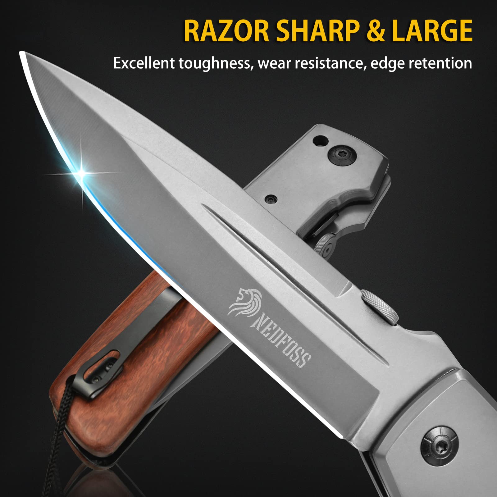 NedFoss Huge Pocket Knife for Men, 11'' Hunting Folding Knife with Wood ...